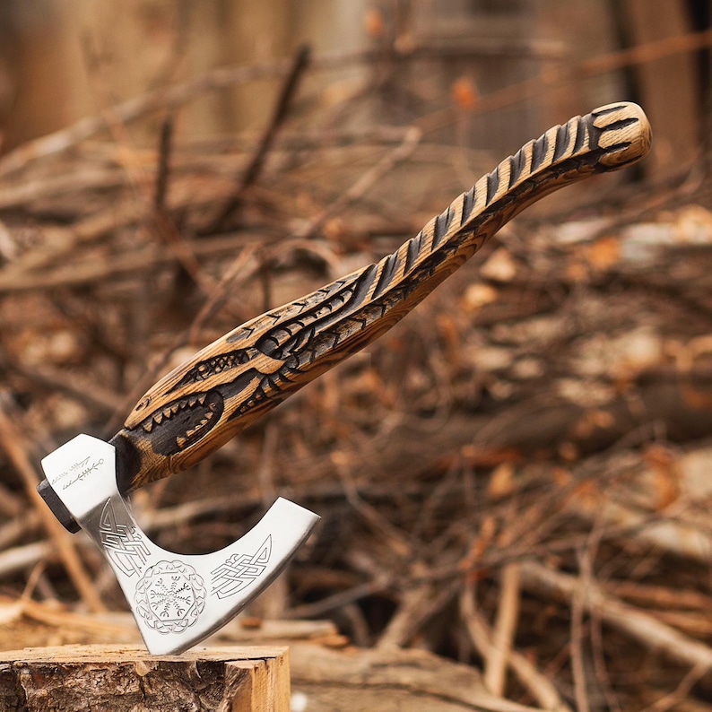 Custom Hand Made Steel Engraved Axe With Wood Work on Handle and Pouch ...