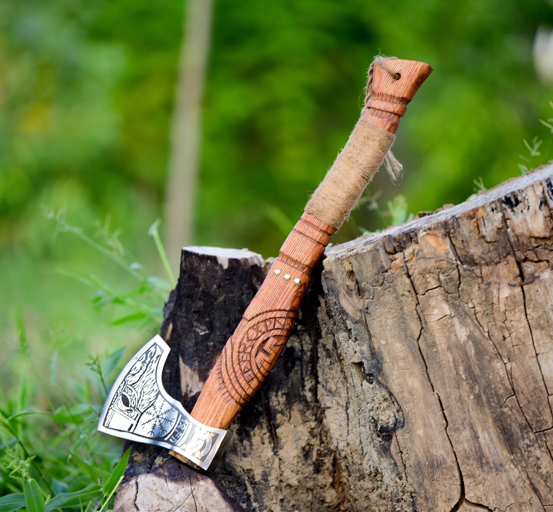 Custom Hand Made Steel Engraving Axe With Wood Work on Handle and Pouch ...