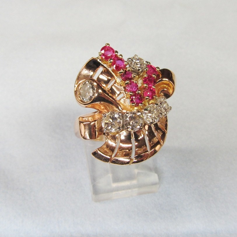 Retro Diamond and Ruby Pink Gold Ring // Classic 1940s Vintage Cocktail ...