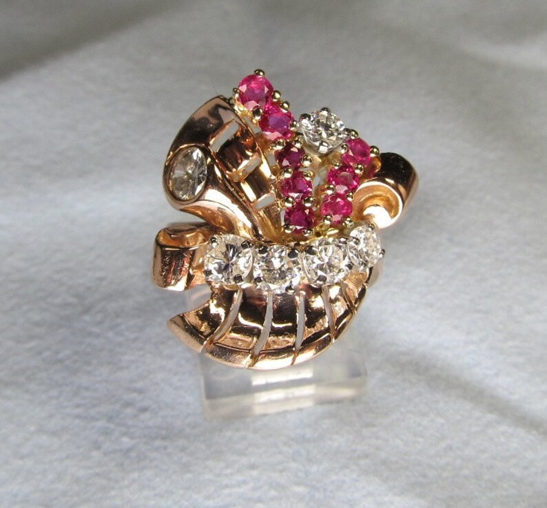 Retro Diamond and Ruby Pink Gold Ring // Classic 1940s Vintage Cocktail ...