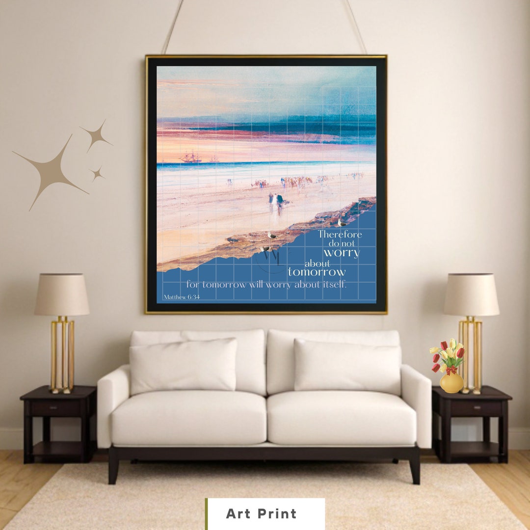 Scripture Verse Wall Art, Antique Oil Painting Print of Beach Scene by ...