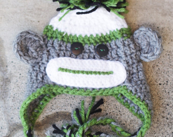 INFANT Sock Monkey Ear Flap Hat Gray, White and Green Great for Photo ...