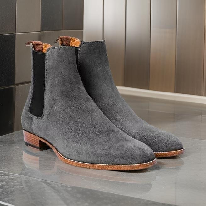 Genuine Leather Handmade Chelsea Boots Men Men Grey Chelsea Suede ...