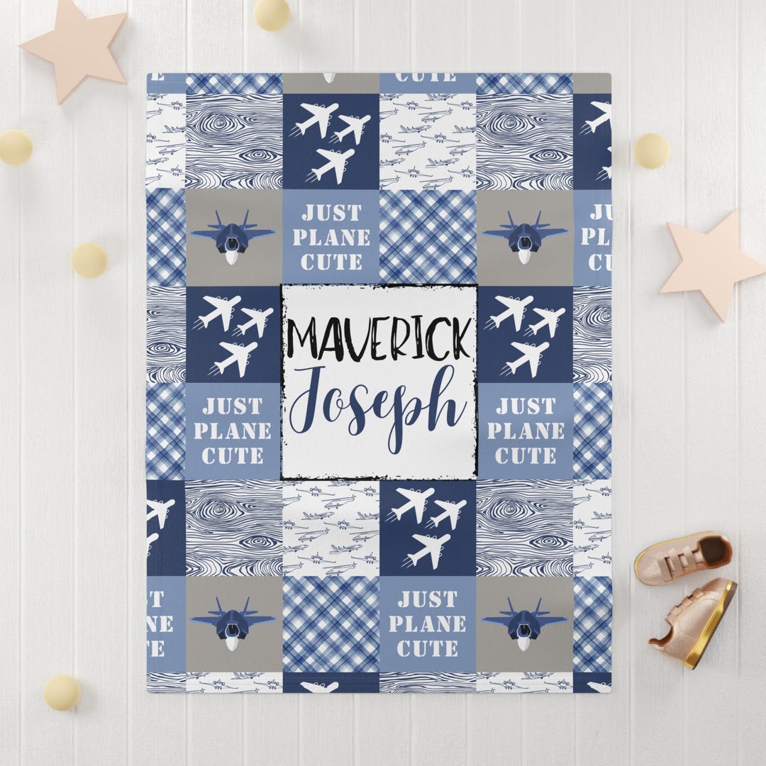 MINKY Just Plane Cute Fighter Jet Baby Blanket Customizable, Blue and ...