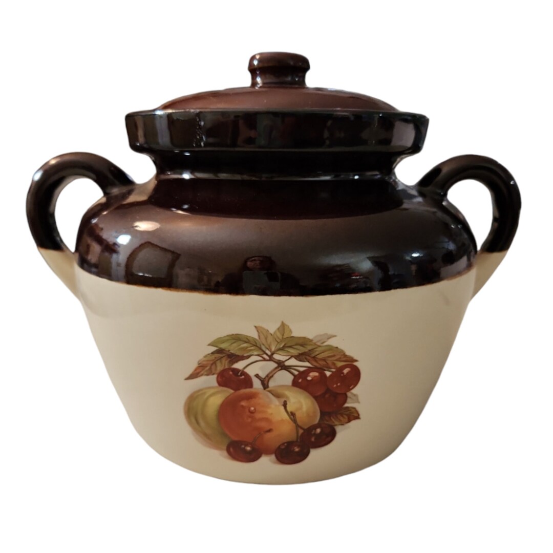 Mccoy USA 342 Bean Pot With Lid Two Tone Fruit Design Brown Tan ...