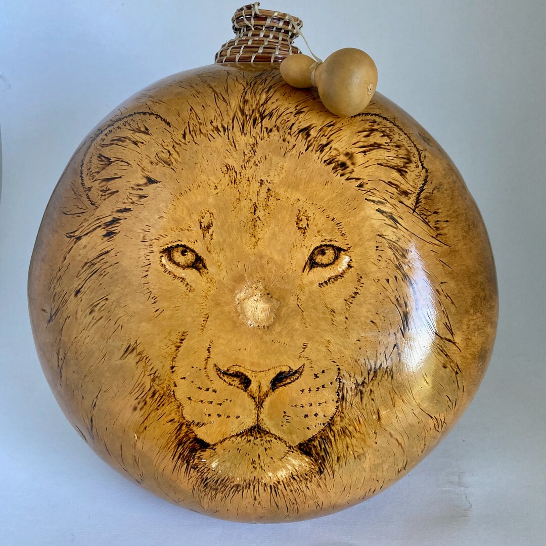 Lion Carved Gourd, Hand Decorated Gourd, Signed WF, Woven Top, Water ...