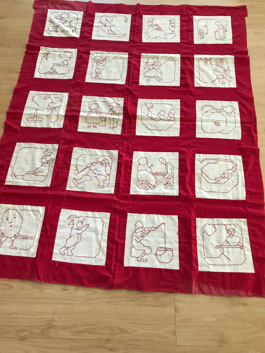 Redwork Quilt Top, Nursery Rhymes Theme, Red and White Throw, 45 X 56 ...