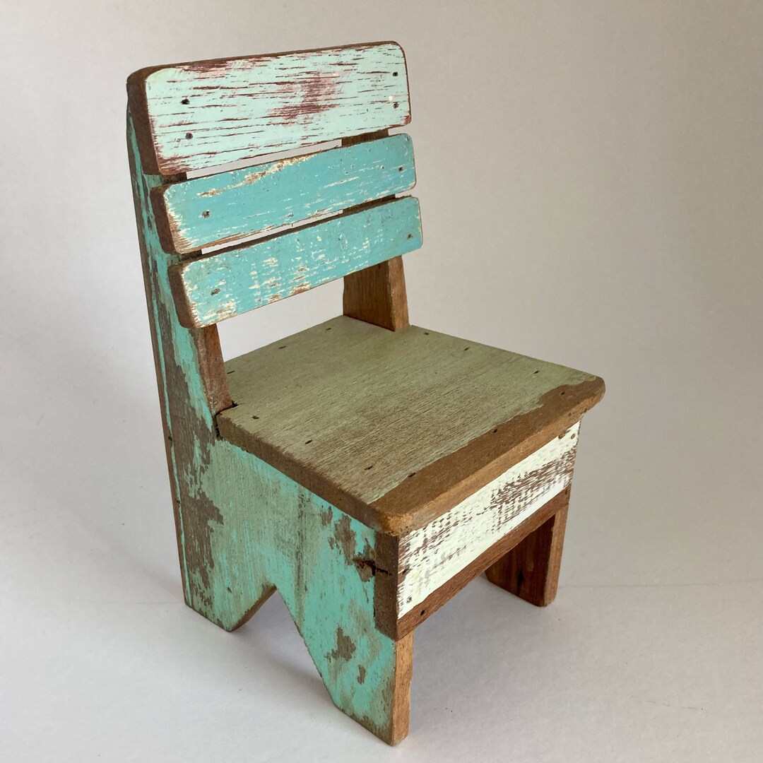Mini Rustic Chair, 4 1/2 X 4 Inches, Chippy Blue White, Vintage Seat ...