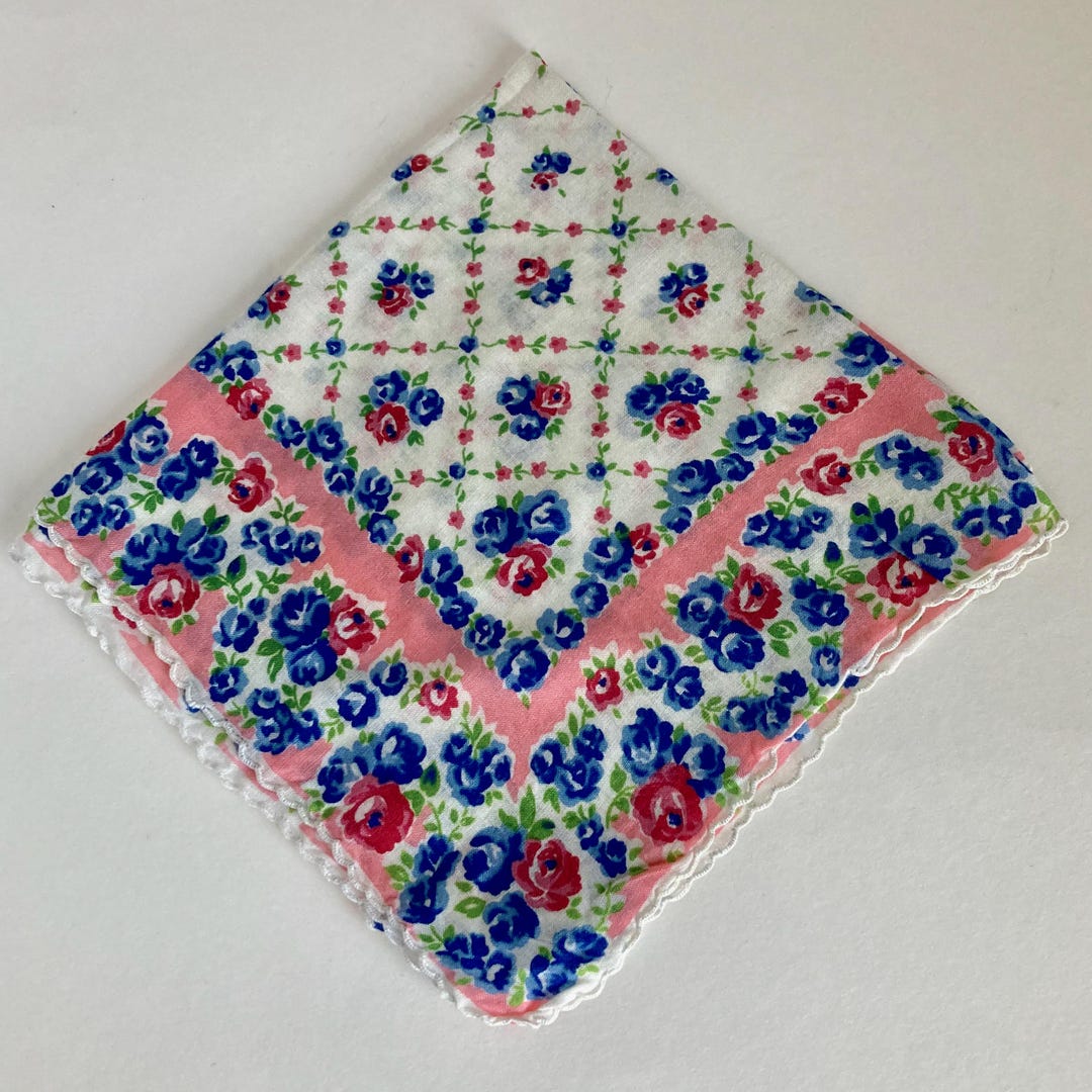 Retro Handkerchief, 1940s Hanky, Floral Pattern, Pink Blue White, 12 X ...