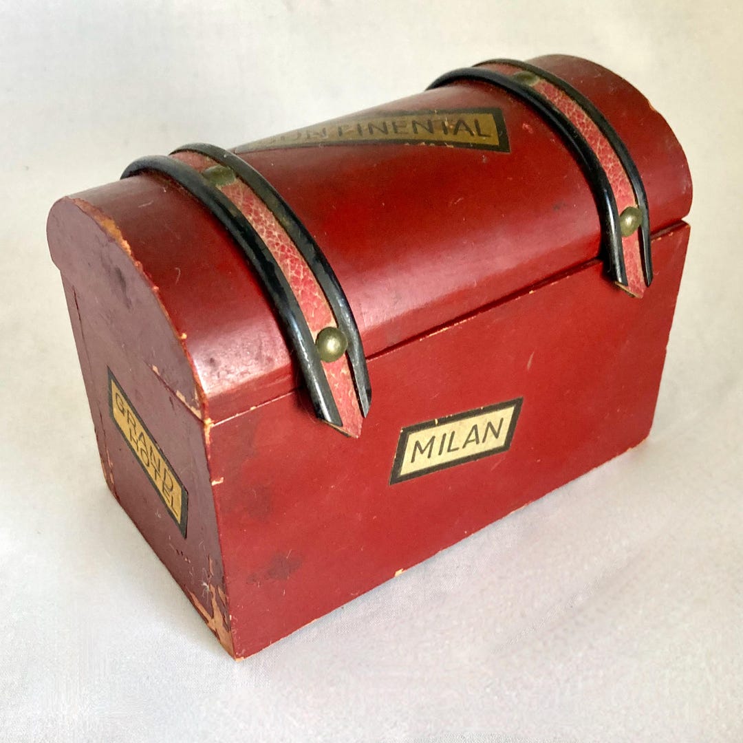 Mini Trunk, Trinket Box, Red With Labels, Paris Milan, Hinged Lid, 4 X ...