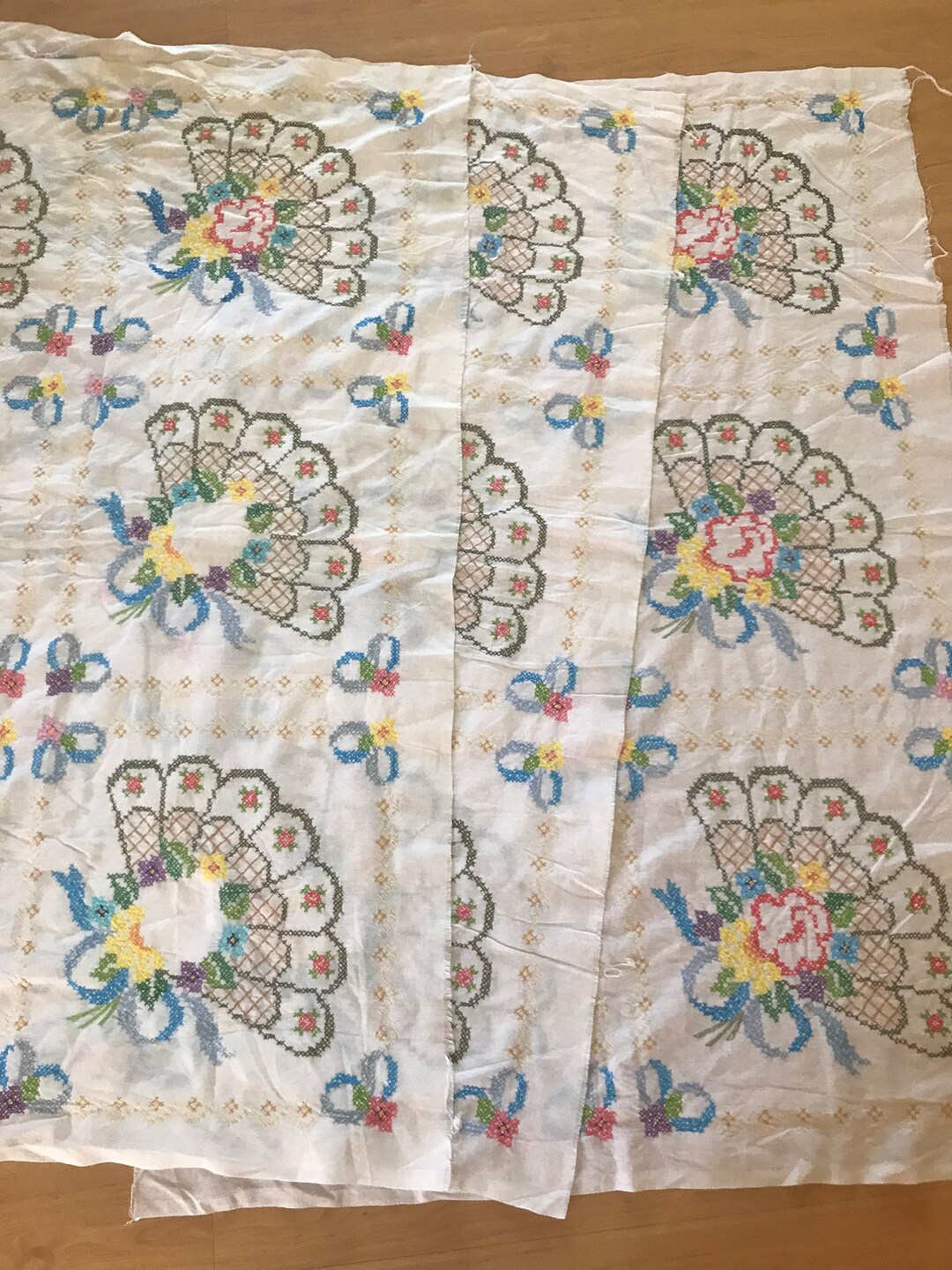 Embroidered Quilt Squares, Grandma's Fan Design, Three 33x48" Pieces ...