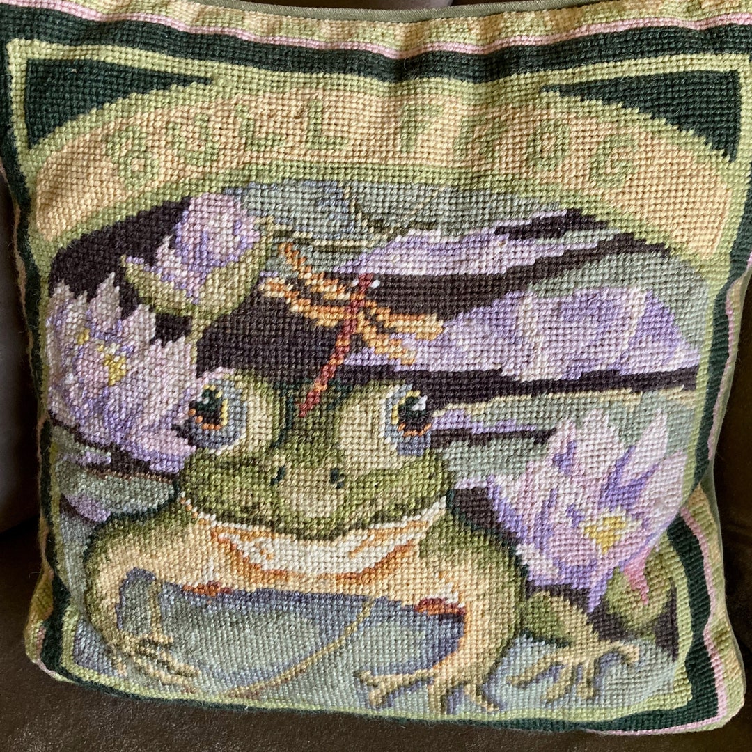 Bull Frog, Needlepoint Pillow, 14 Inches, Knife Edge Cushion, Green Velvet Back, Zipper Closure ...
