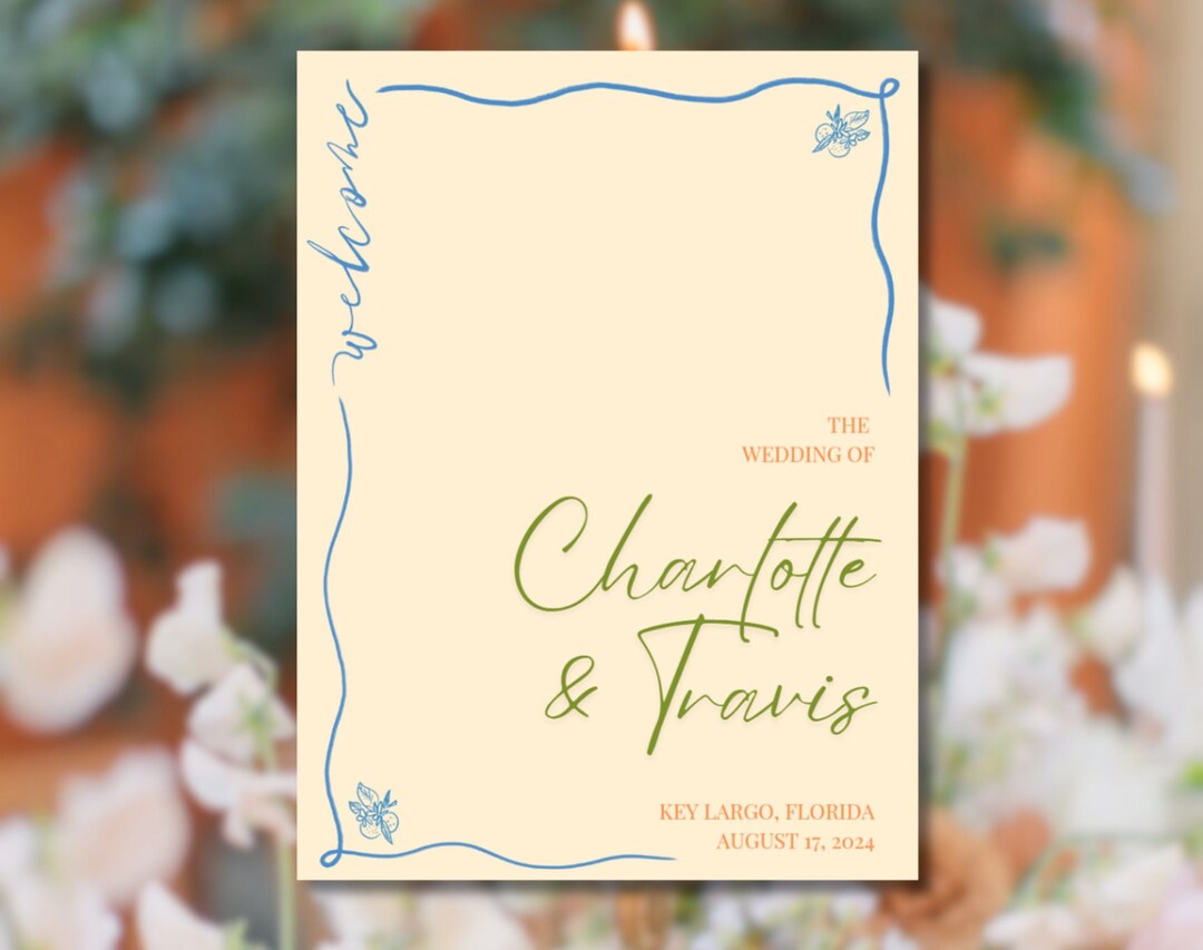 Wedding Welcome Sign Template Colorful Summer Design With Blue Orange ...