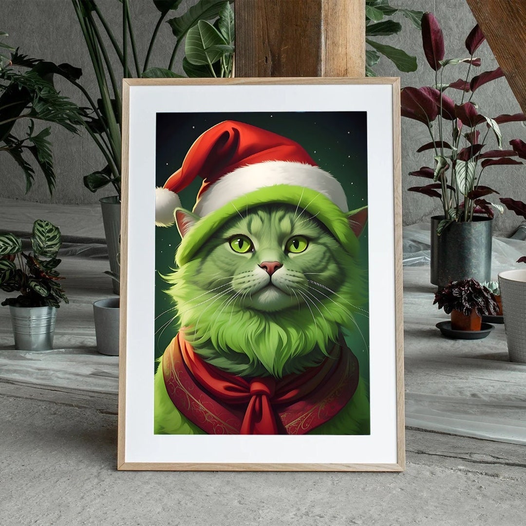 Green Christmas Grinch Cat Funny Art Print Wall Decor, Unique Animal ...