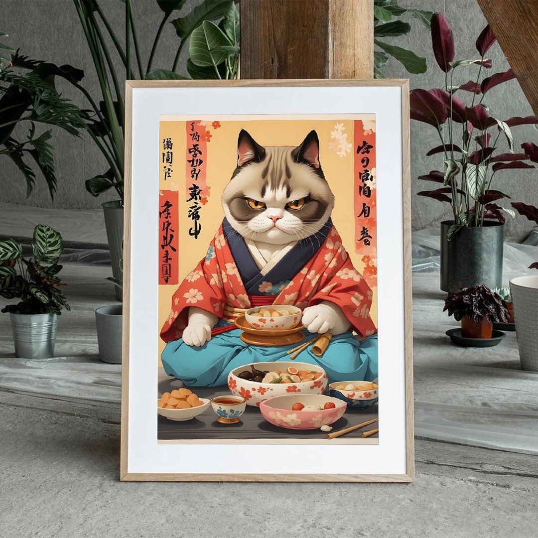 Japanese Grumpy Cat Dinner Funny Art Print Wall Decor, Unique Animal ...