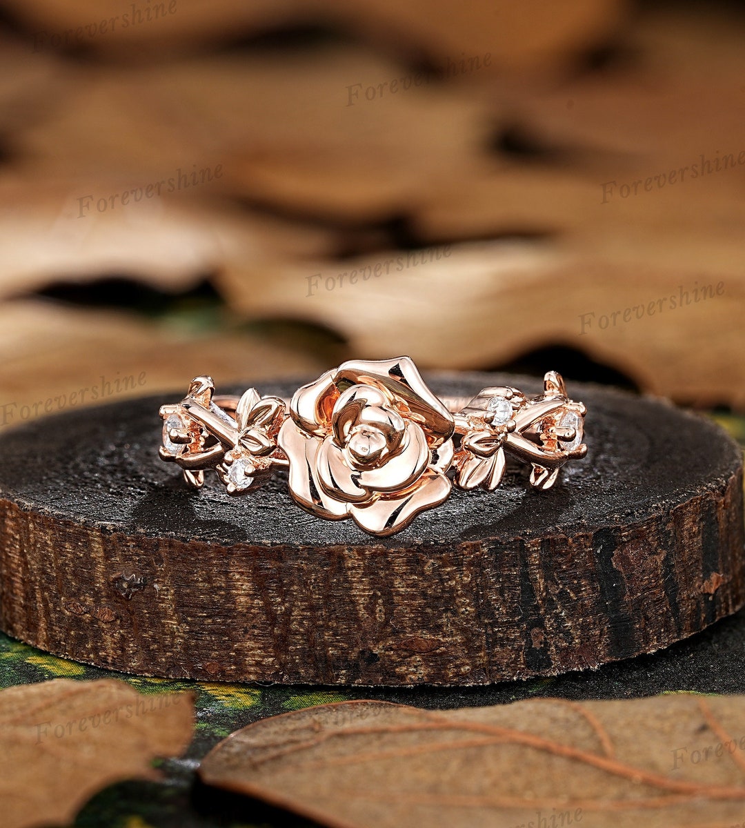 Custom Rose Flower Engagement Ring, Nature Inspired Leaf Branch Wedding ...