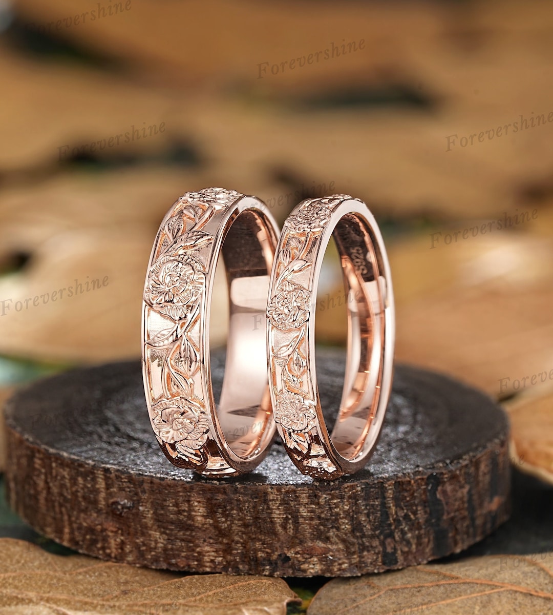 Carnation Couple Rings Set Leaf Floral Nature Inspired Engagement Ring Set 14k Gold His and Hers ...