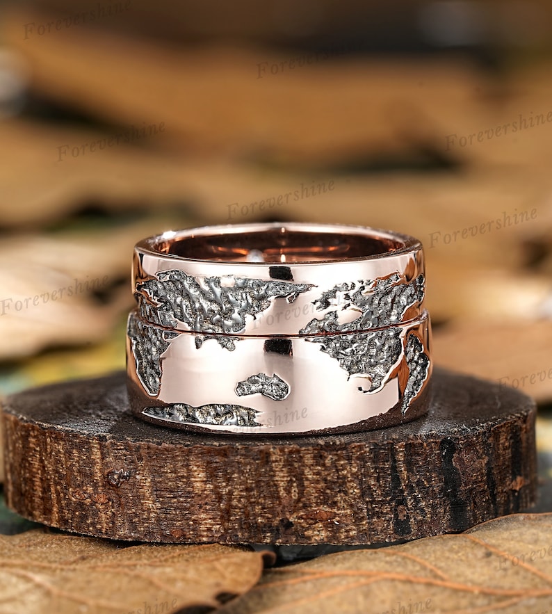 Rose Gold World Map Couple Rings Set Unique Two Tones His and Hers ...