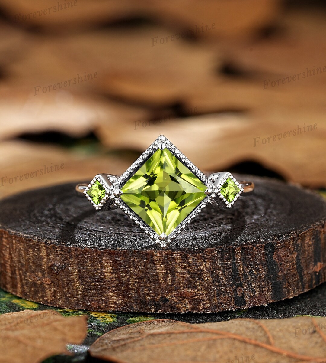 Princess Cut Peridot Engagement Ring White Gold Three Stone Green ...