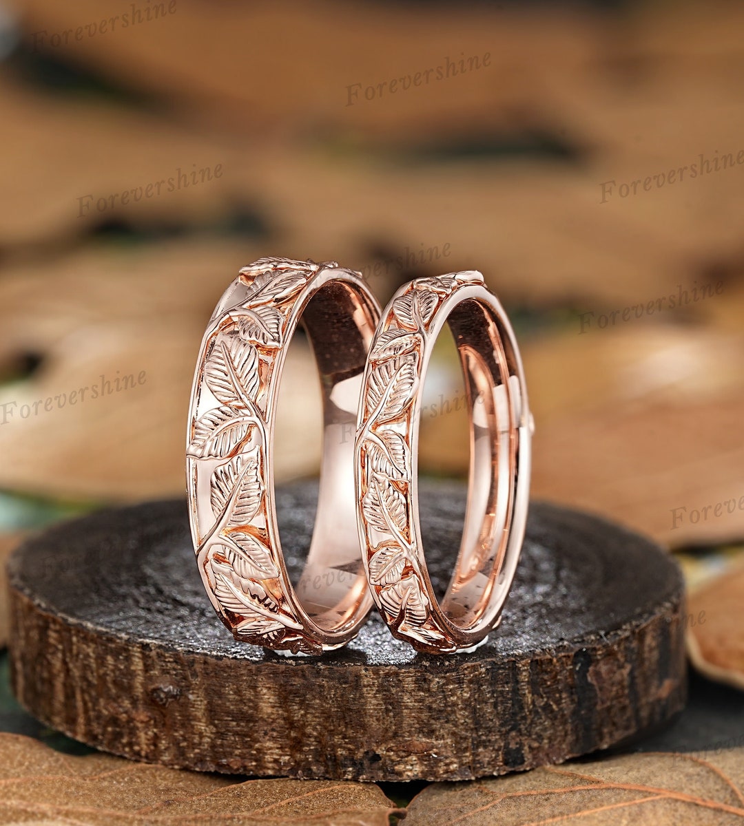 14k Gold Leaf Couple Rings Set for Women and Men Custom Leaf Nature ...