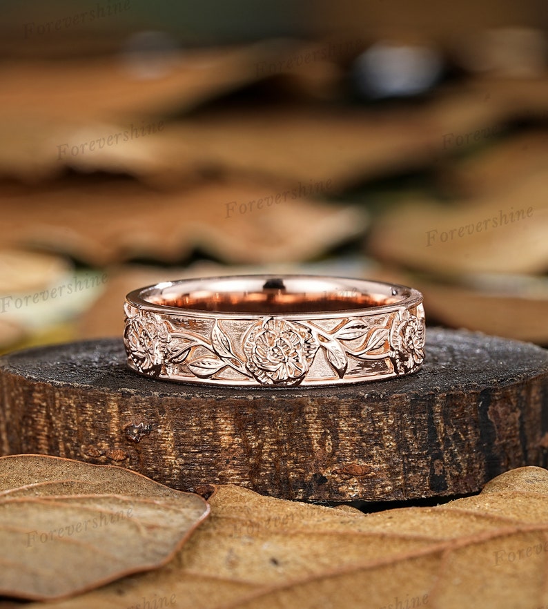 Carnation Couple Rings Set Leaf Floral Nature Inspired Engagement Ring ...