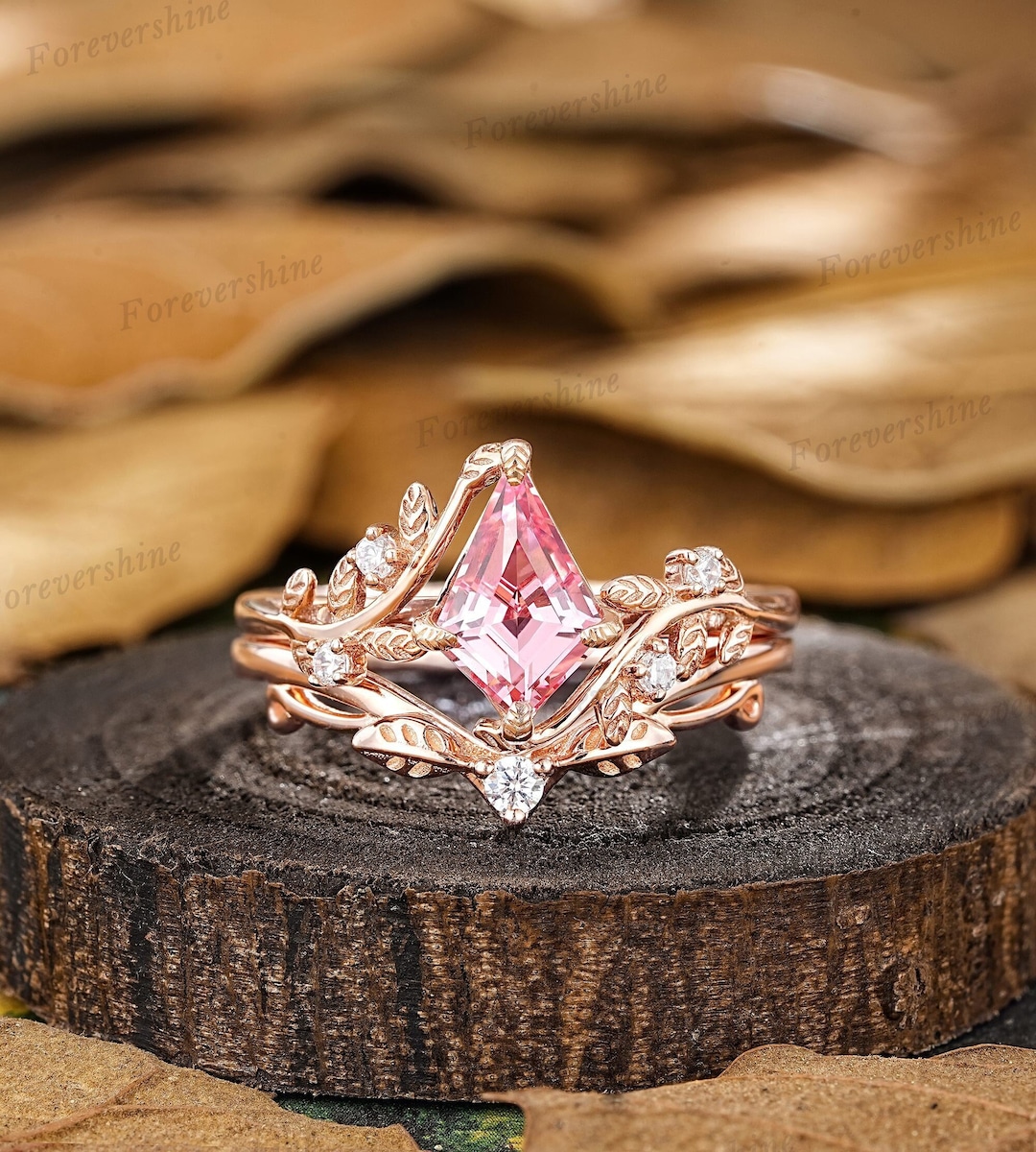 Kite Cut Pink Sapphire Engagement Ring Set Rose Gold Leaf Floral ...