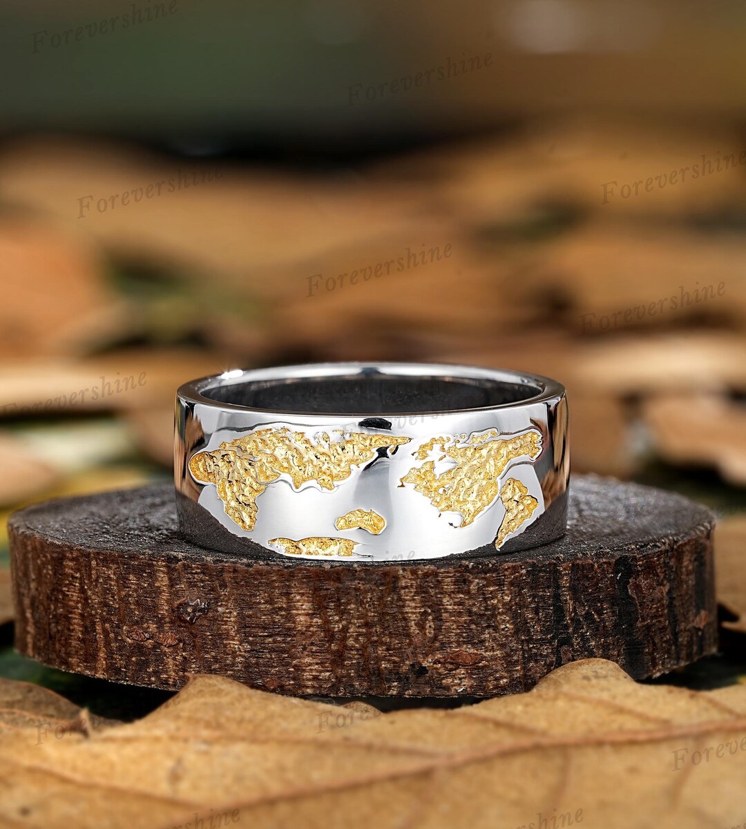 Personalized White Gold World Map Engagement Ring Unique Two Tones Mens ...