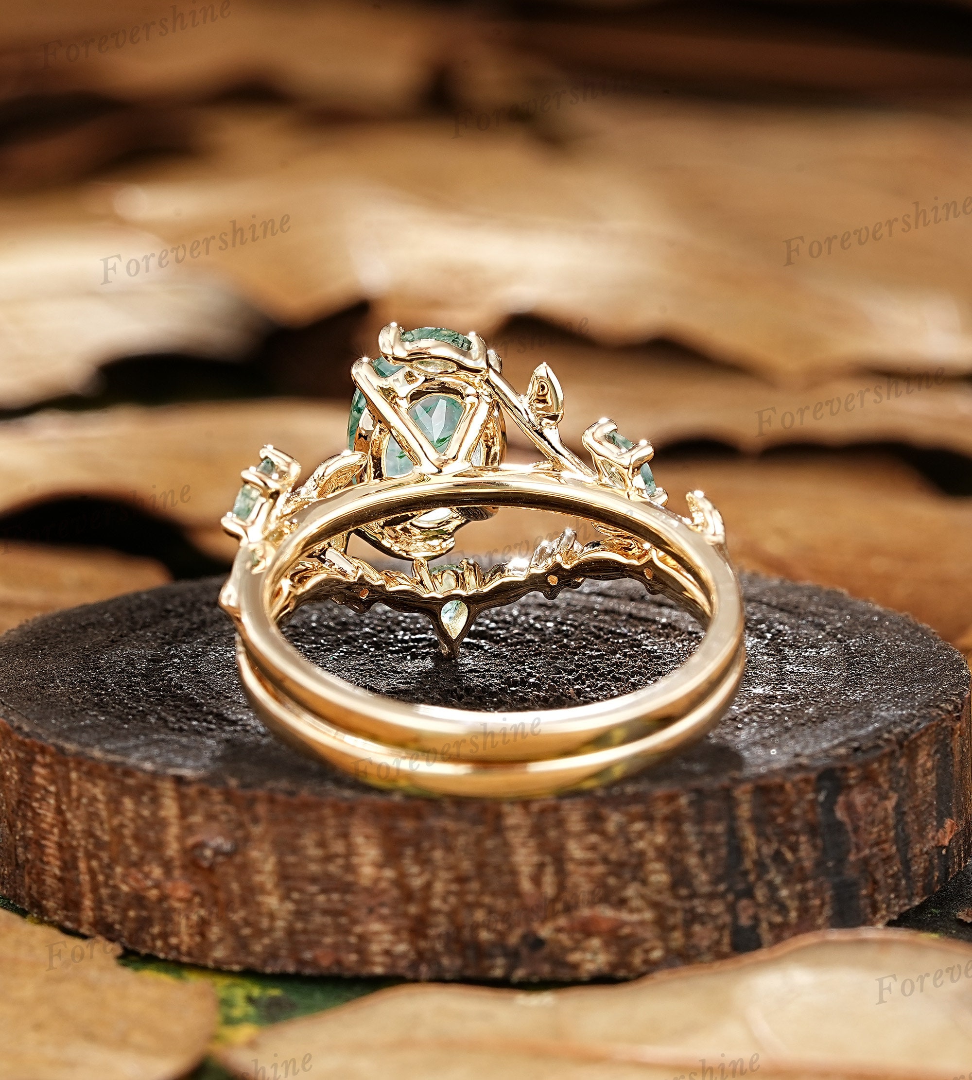 Nature Oval Moss Agate Engagement Ring Set, 14k Yellow Gold Leaf Nature ...