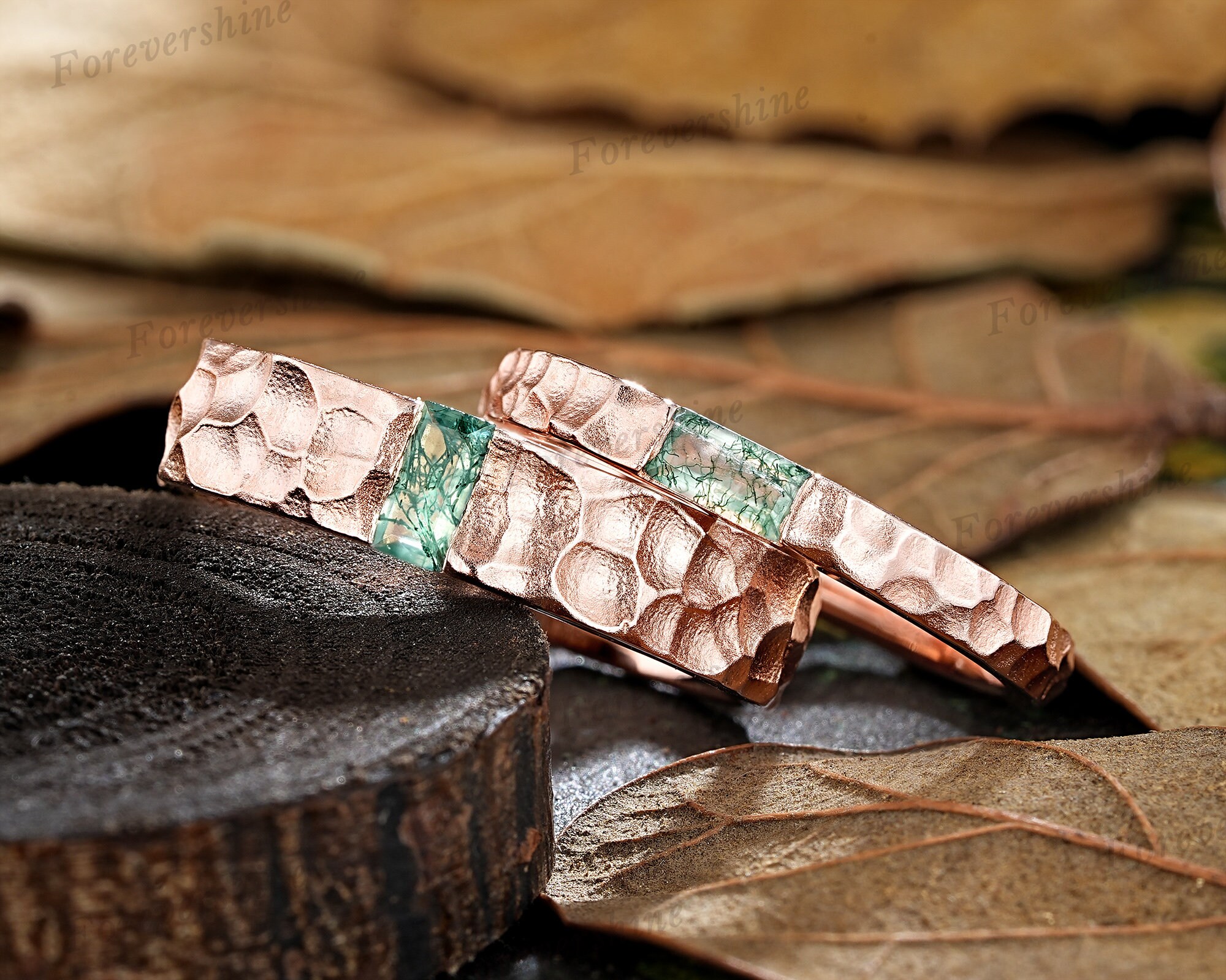 Nature Baguette Moss Agate Couple Ring Set, Vintage Mens Ring for Him ...