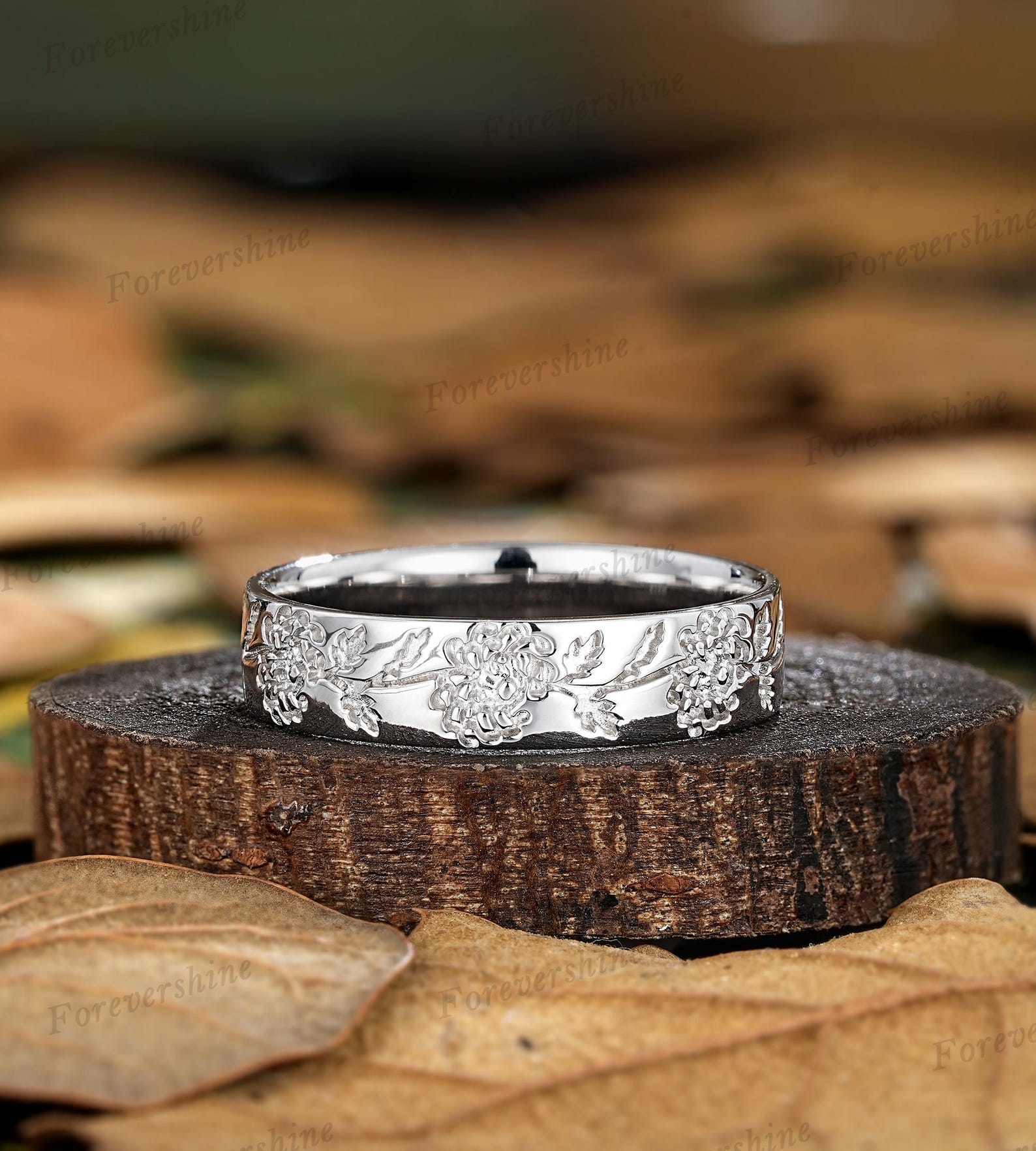 Custom Chrysanthemum Nature Inspired Mens Ring 14k White Gold Leaf ...