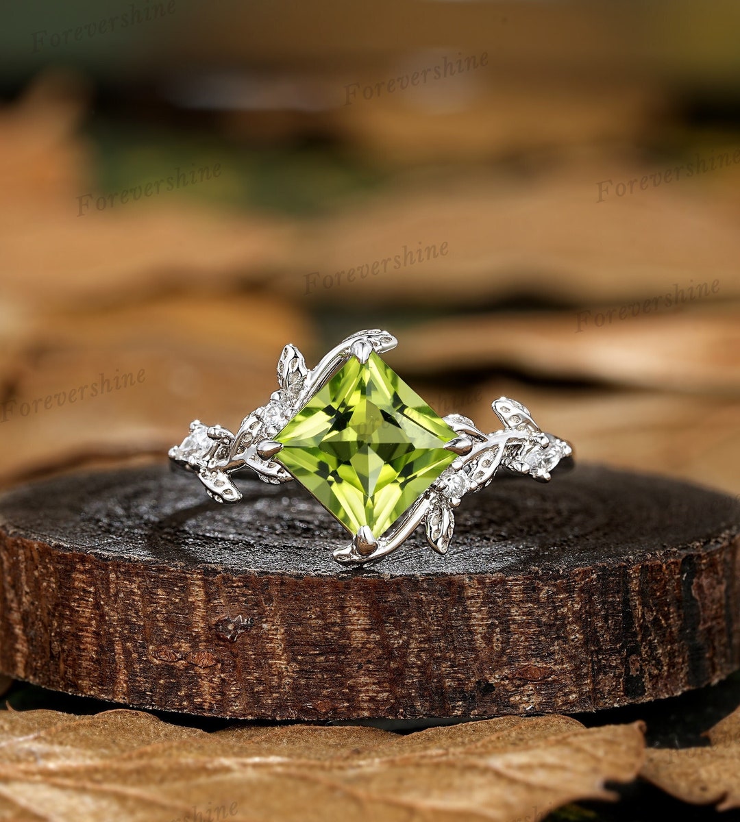 Princess Cut Peridot Engagement Ring Vintage Leaf Nature Inspired White ...
