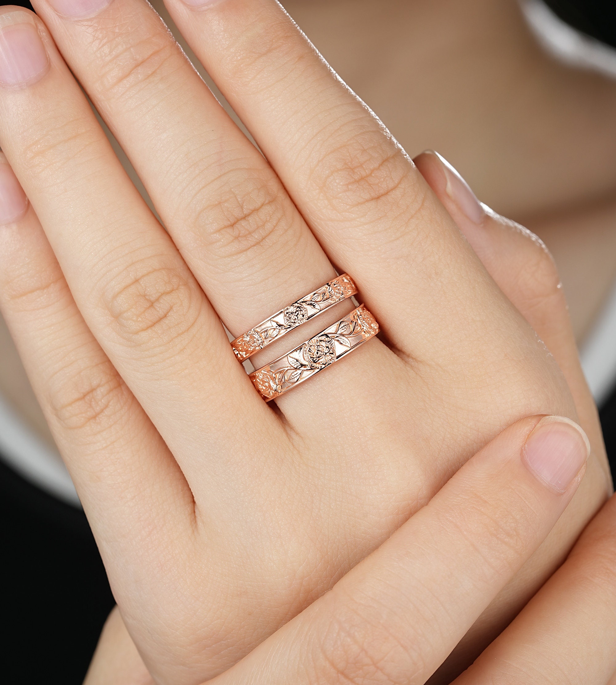Carnation Couple Rings Set Leaf Floral Nature Inspired Engagement Ring ...