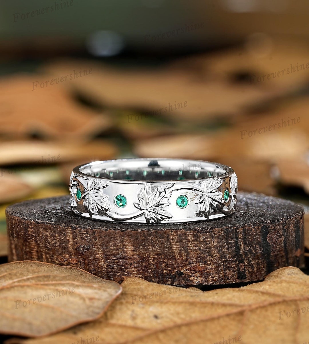 Vintage Maple Design Engagement Ring Custom White Gold Emerald Mens ...