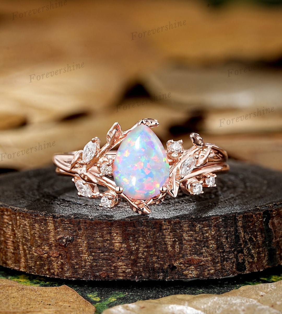 Vintage Pear White Opal Engagement Ring Set, Dainty Leaf Nature ...