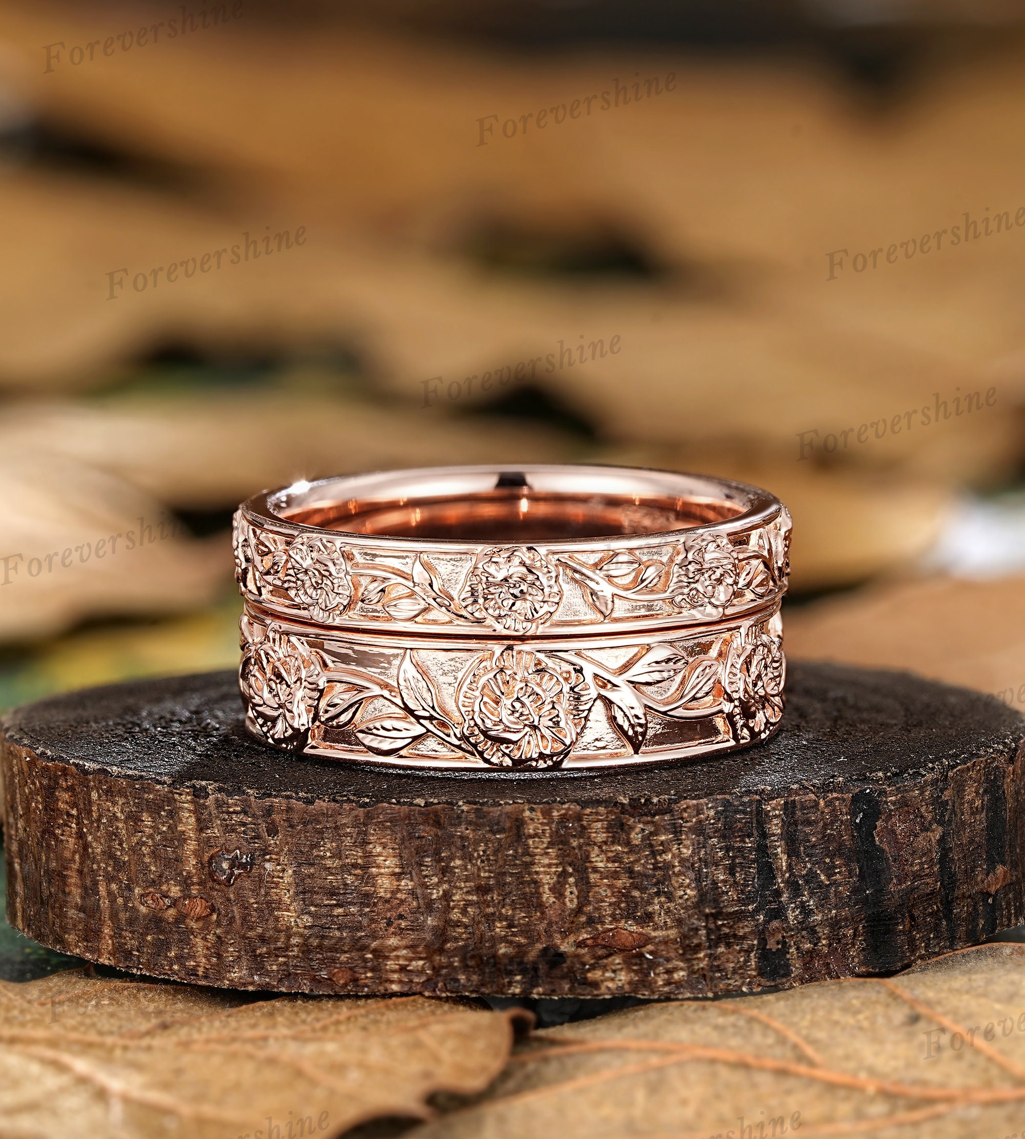 Carnation Couple Rings Set Leaf Floral Nature Inspired Engagement Ring ...
