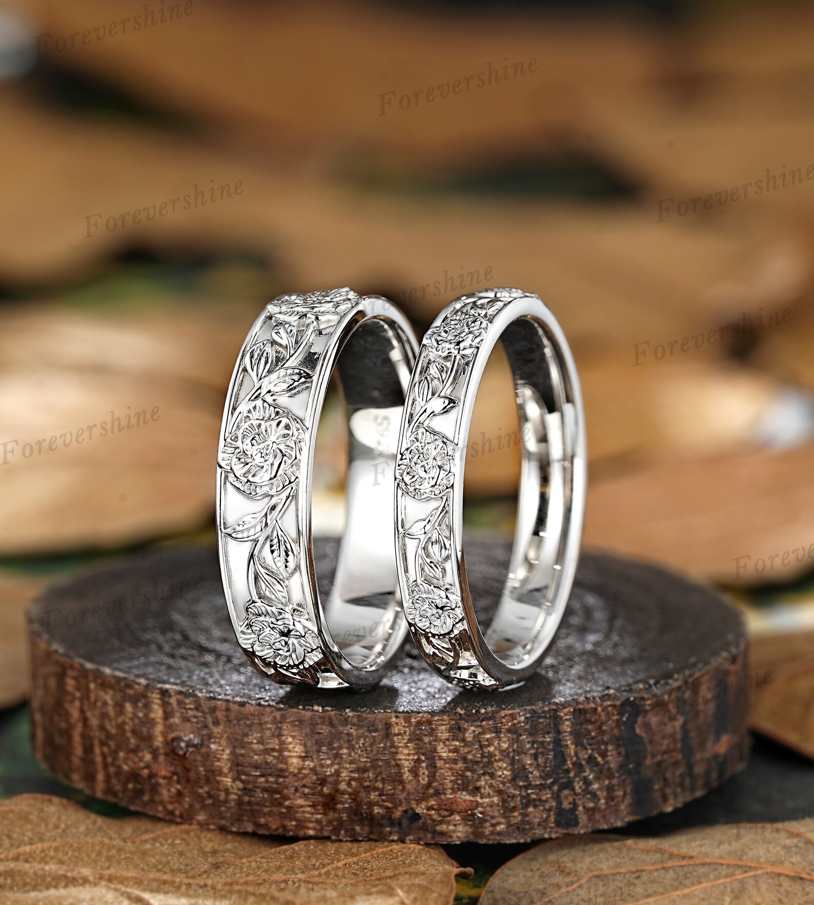 Carnation Couple Rings Set Leaf Floral Nature Inspired Engagement Ring ...