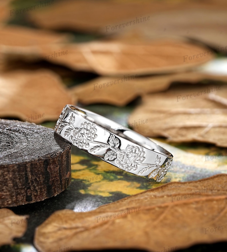 Custom Chrysanthemum Nature Inspired Mens Ring 14k White Gold Leaf ...