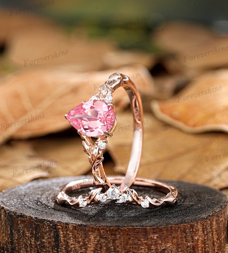 Nature Inspired Leaf Pink Sapphire Engagement Ring Set Pear Peach ...