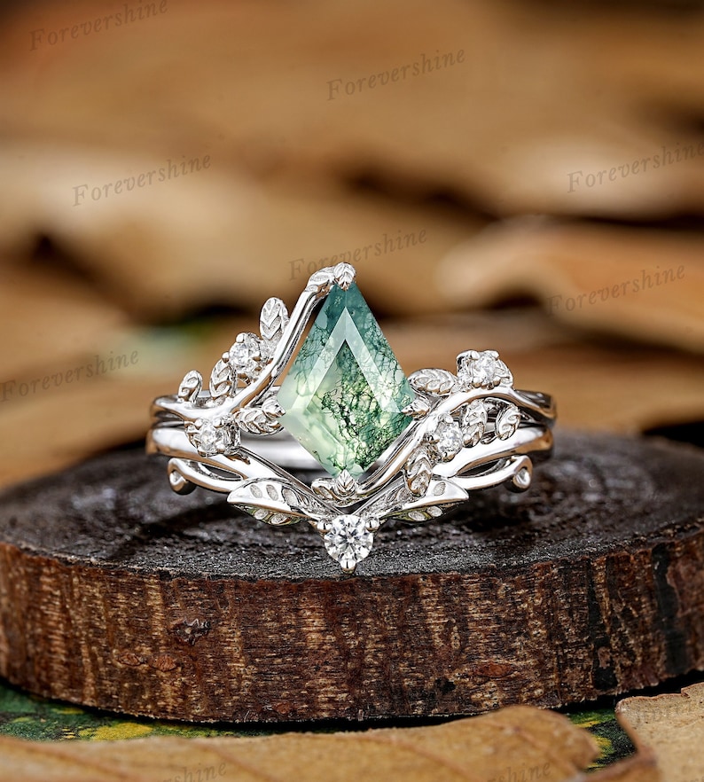 Vintage Natural Moss Agate Wedding Ring Set, White Gold Leaf Floral ...