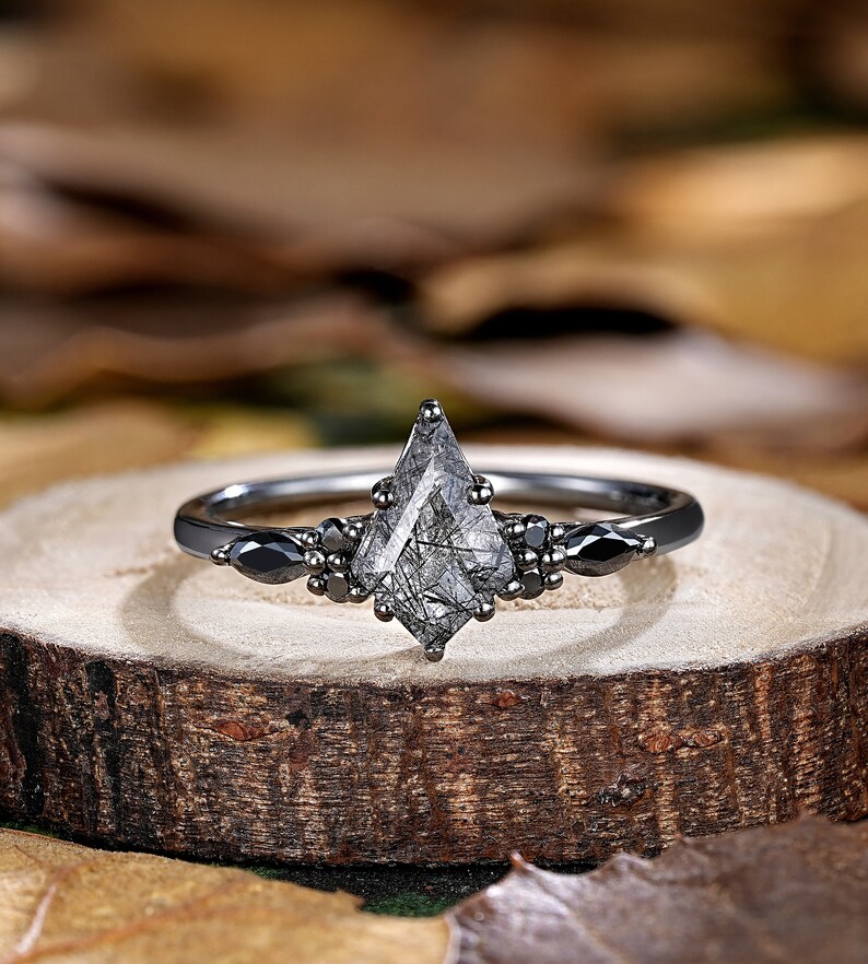 Kite Cut Black Rutilated Quartz Wedding Ring Set Black Gold Quartz ...