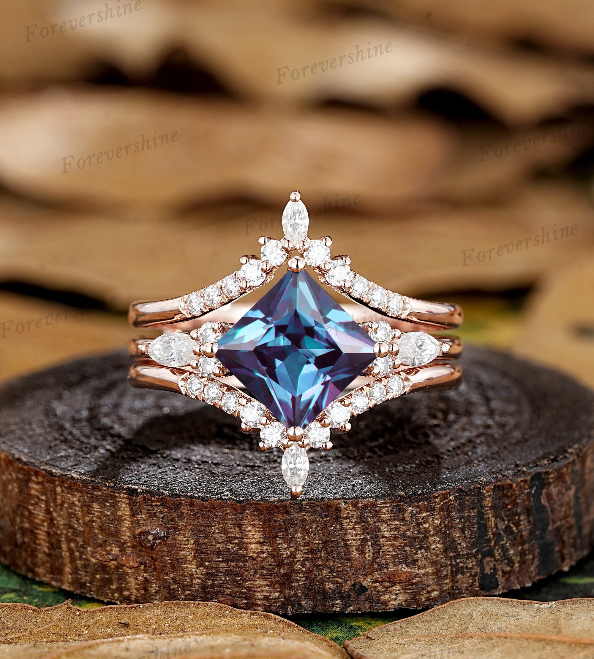 Princess Cut Alexandrite Engagement Ring Set, Vintage Moissanite Double ...