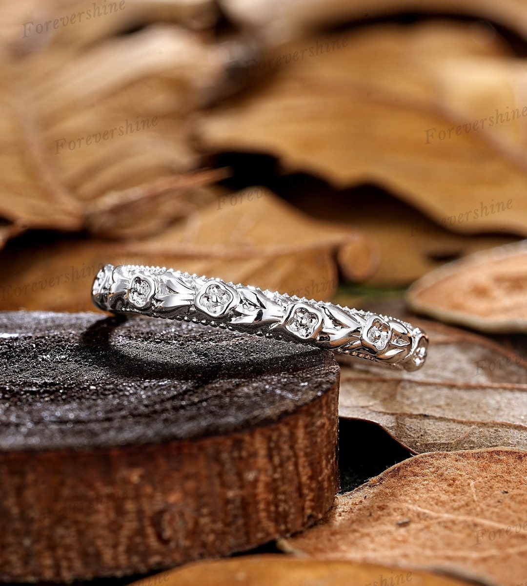 Vintage Plain White Gold Flower Wedding Band Art Deco Women Wedding ...