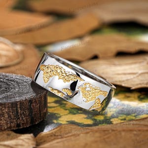 Personalized White Gold World Map Engagement Ring Unique Two Tones Mens ...
