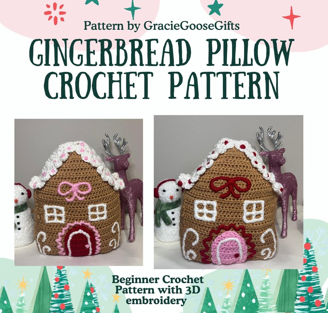 Gingerbread House Pillow Crochet Pattern, 3D Embroidery Gingerbread ...