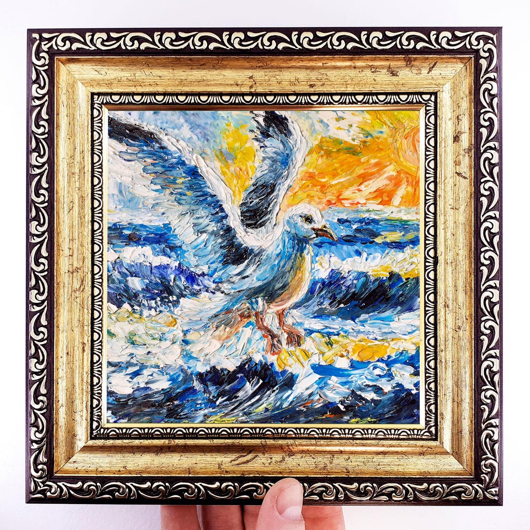 Seagull Oil Painting: Bird Coastal Artwork, Impasto Ocean Scene Art ...