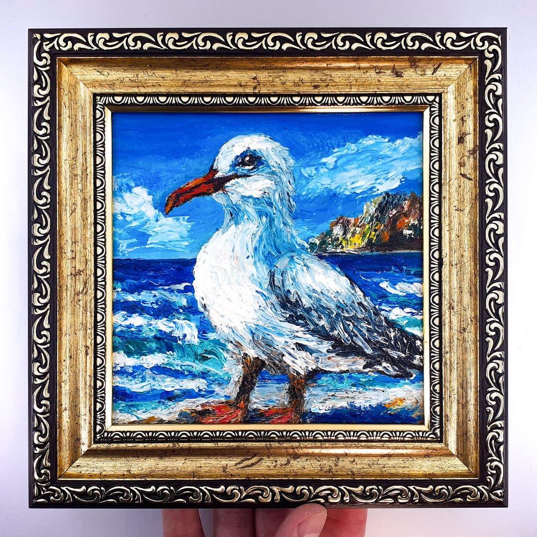 Seagull Oil Painting: Coastal Beach Scene Artwork, Impressionist Bird ...
