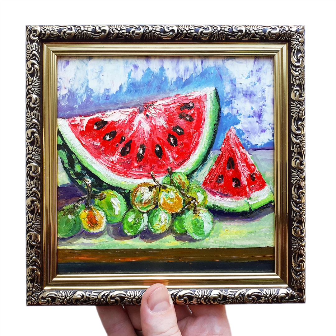 Watermelon and Grapes Still Life Oil Painting, Kitchen Wall Decor 6x6 ...