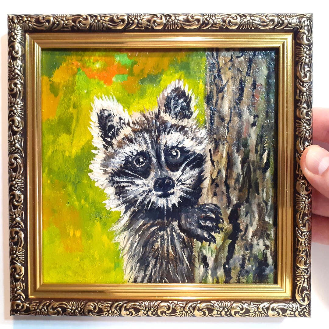 Raccoon Oil Painting Animals Portrait Original Framed Painting Wildlife ...