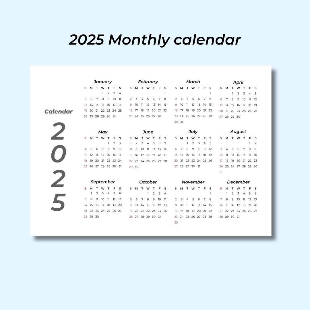 2025 Yearly Calendar, Printable Calendar, 2025 Calendar, 2025 Digital ...