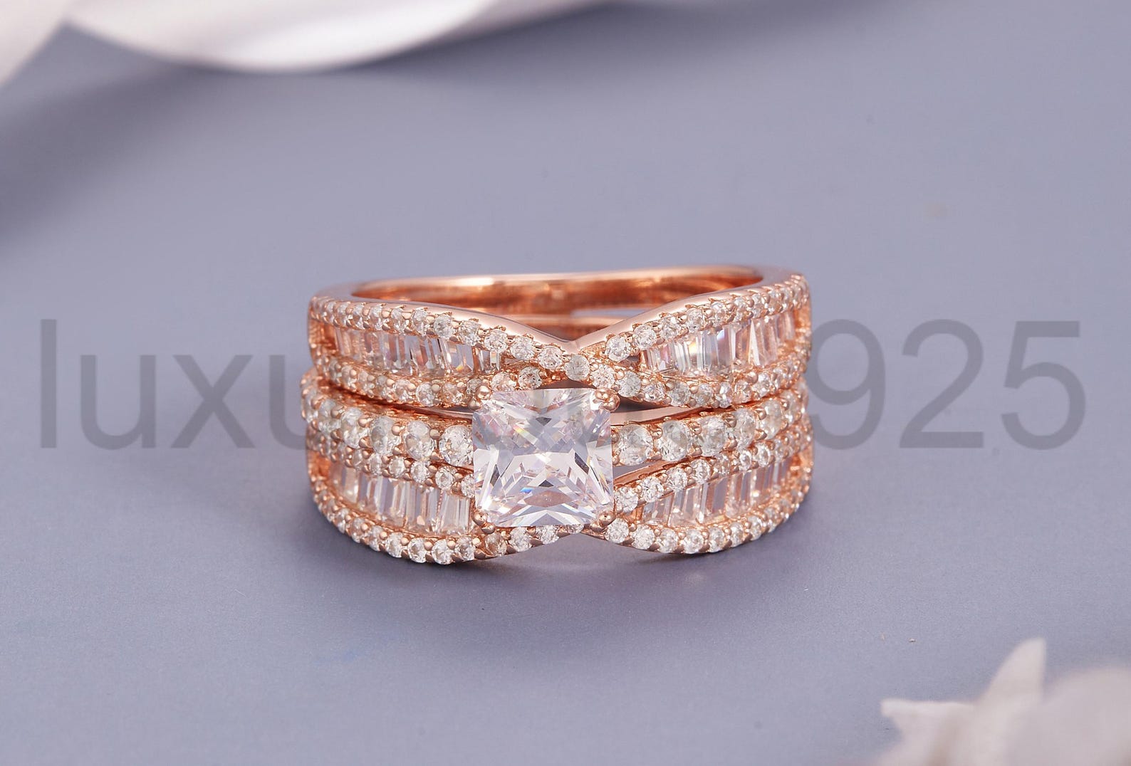 Princess Cut CZ Engagement Ring Set Solid Gold Plated Sterling Silver ...